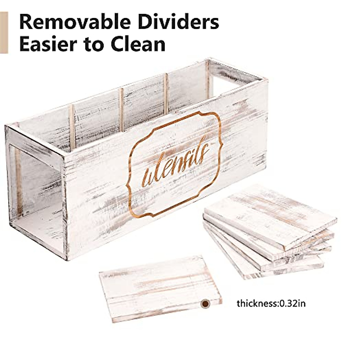 Yumkfoi Extra Large Utensil Holder with 4 Compartments, Wooden Farmhouse Utensil Organizer for Kitchen Counter, Rustic Cooking Utensil Holder Countertop Utensil Crock Spatula Holder (Distressed White)