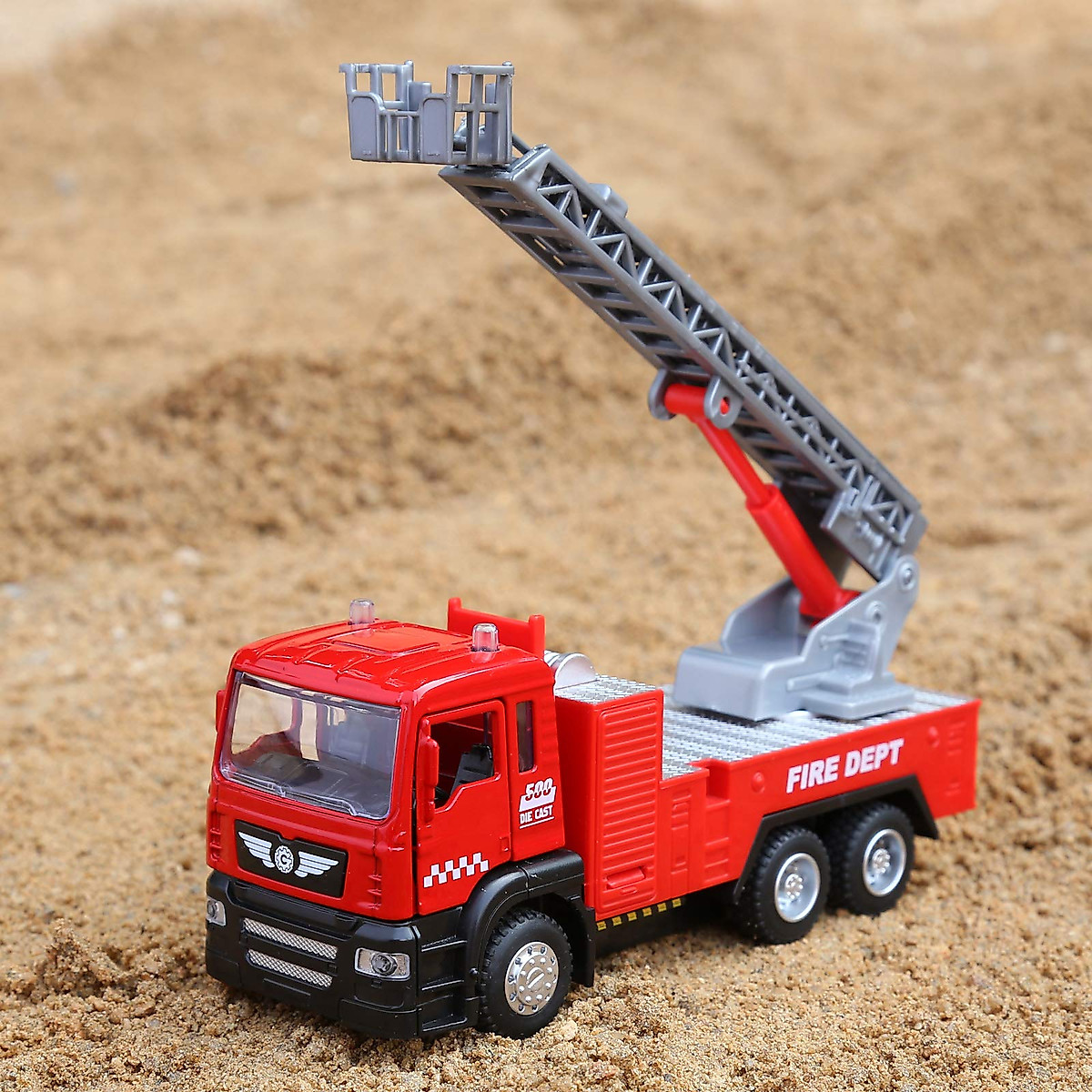 haomsj Metal Micro Fire Truck Extending Rescue Rotating Ladder Toy Truck for Boys 3 4 5 6 7 Year Old（Ladder Truck）