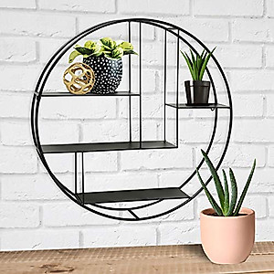 WHW Whole House Worlds Industrial Round Metal Wall Shelf, 4 Levels, Floating, Scandi Contemporary Style, Black Iron, 29 Inches Diameter