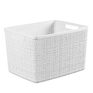 Curver Set of 4 Jute Large Decorative Plastic Organization and Storage Baskets Perfect Bins for Home Office,White, 4 & Set of 8 Jute Half Medium Decorative Plastic Organization Grey, 8 Count