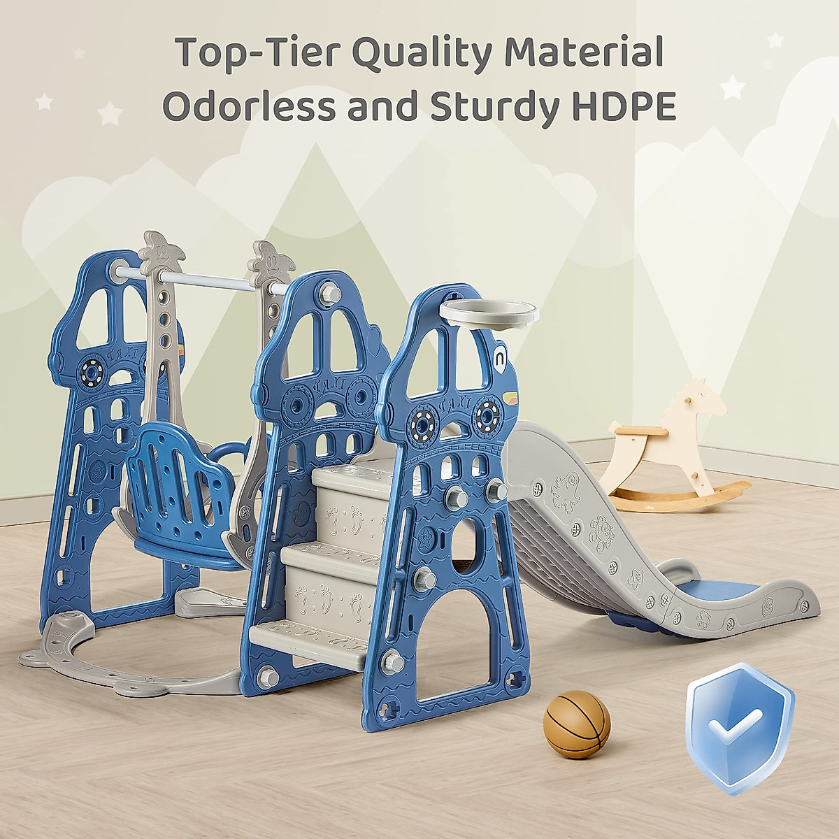 4 in 1 Toddler Slide and Swing Set, Kid Slide for Toddlers Age 1-2, Baby Slide with Basketball Hoop, Indoor Outdoor Slide Toddler Playset Toddler Playground– Blue