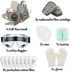INCLY Respirator Half Face Cover For Chemicals & Paint with Goggles and Asbestos, Safe Breathing For Against Dust, Organic Vapors, Gas, Smoke, Fire, Painting, Sanding