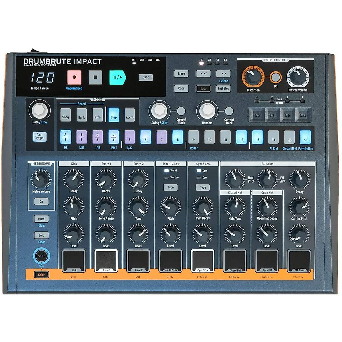 Arturia DrumBrute Impact Analog Drum Machine BUNDLE with 2x Pig Hog MIDI Cable 6ft, Power Supply, and Polishing Cloth - Beat Making Equipment with 10 Drum Sounds, 64 Patterns with 64 Steps