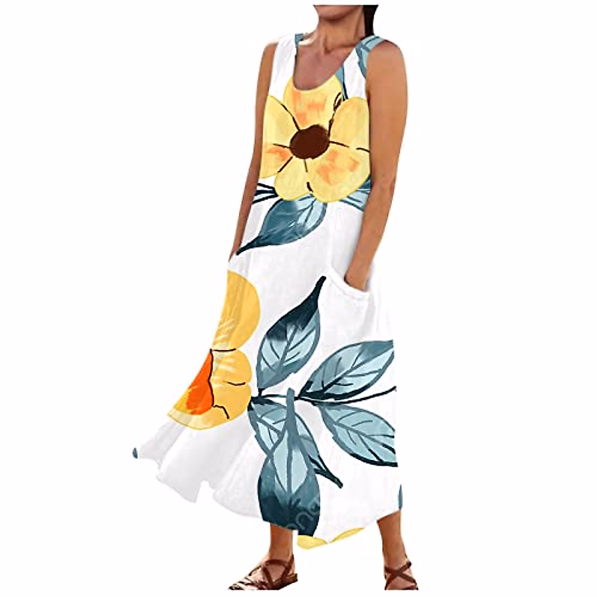 Sundresses for Women with Pockets Sleeveless O-Neck Dresses Floral Print Fashion Club Mixi Sundress Yellow Medium