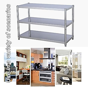 Stainless Steel Preparation Table Three-Tier Kitchen Workbench Metal Table Back Reinforced Beams High Load-Bearing Open Storage Shelves Large Storage(90x40x80cm)