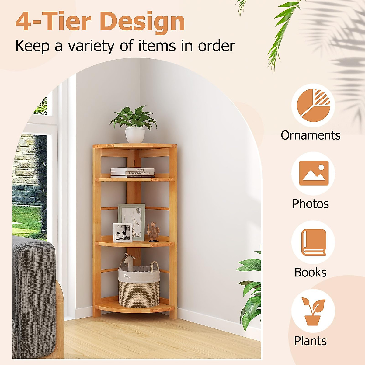 Giantex 4-Tier Corner Shelf, 34" Bookshelf with Rubber Wood Frame, Anti-Toppling Kit, Freestanding Storage Shelf, Corner Display Rack Plant Stand for Living Room, Study, Bedroom, Home, Natural