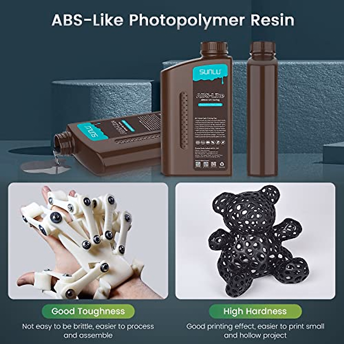 SUNLU 3D Printer Resin, 2000g ABS-Like High Toughness Resin for 4k/6k/8k LCD/DLP/SLA Resin 3D Printer, 405nm UV Curing 3D Printing Resin, Good Resistance, Non-Brittle & High Precision, Grey 2000g
