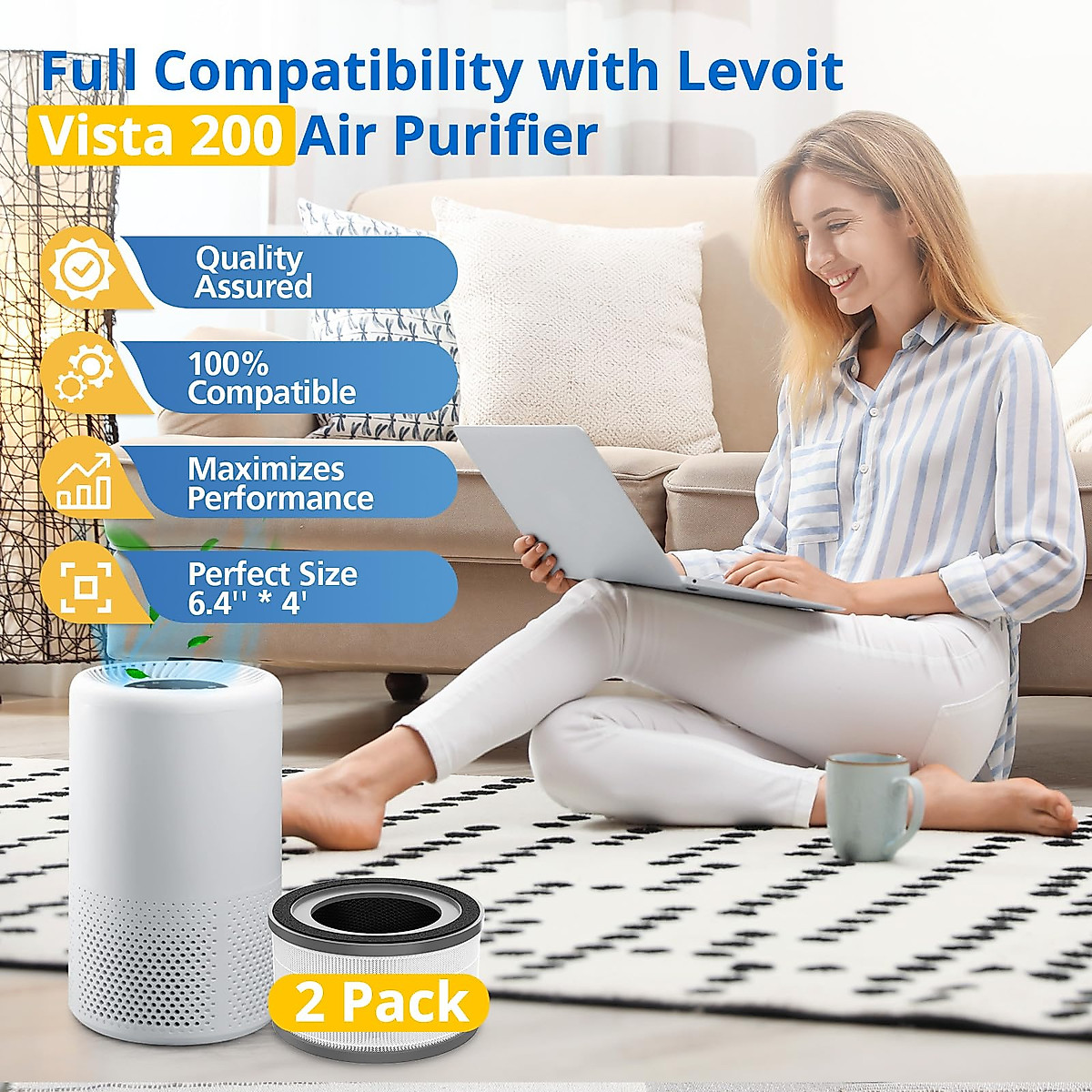 2 Pack Vista 200 Replacement Filter Compatible with LEVOIT Vista 200 Air Puri-fier, 3-in-1 H13 True HEPA Filter, High-Efficiency Activated Carbon Filter, Vista200-RF