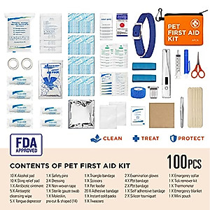 ARCA PET Cat & Dog First Aid Kit Home Office Travel Car Emergency Kit Pet Travel Kit – 100 Pieces with Emergency Collar and Pet Thermometer & Mini Pouch (Neon Orange)