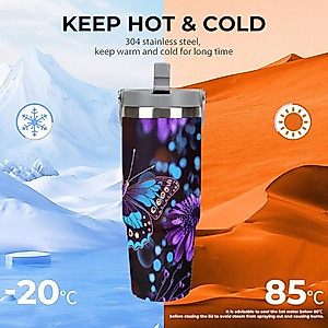 BWQJKUO Large Capacity Car Cup 30 Oz Stainless Steel Purple Butterfly And Flowers Printed Travel Mug Leak-proof Flip Straw Tumbler with Handle,keeps Cold Or Ho