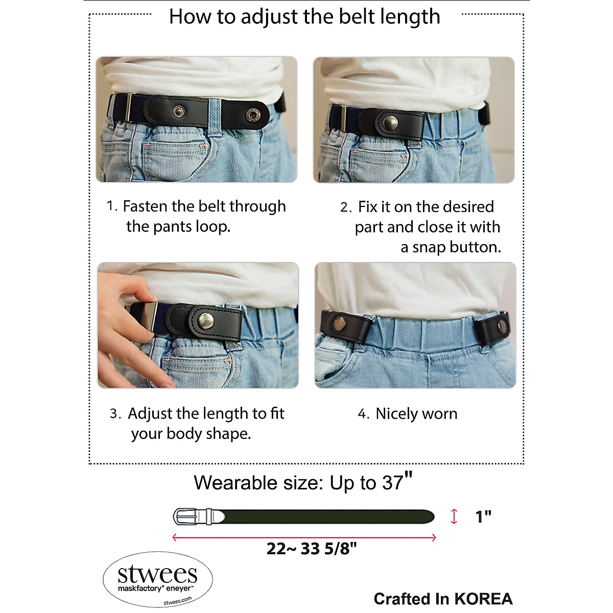 maskfactory eneyer 2 pack men's or women's buckle-less comfortable elastic belt for jeans or casual dress, no buckle (Black - Navy)