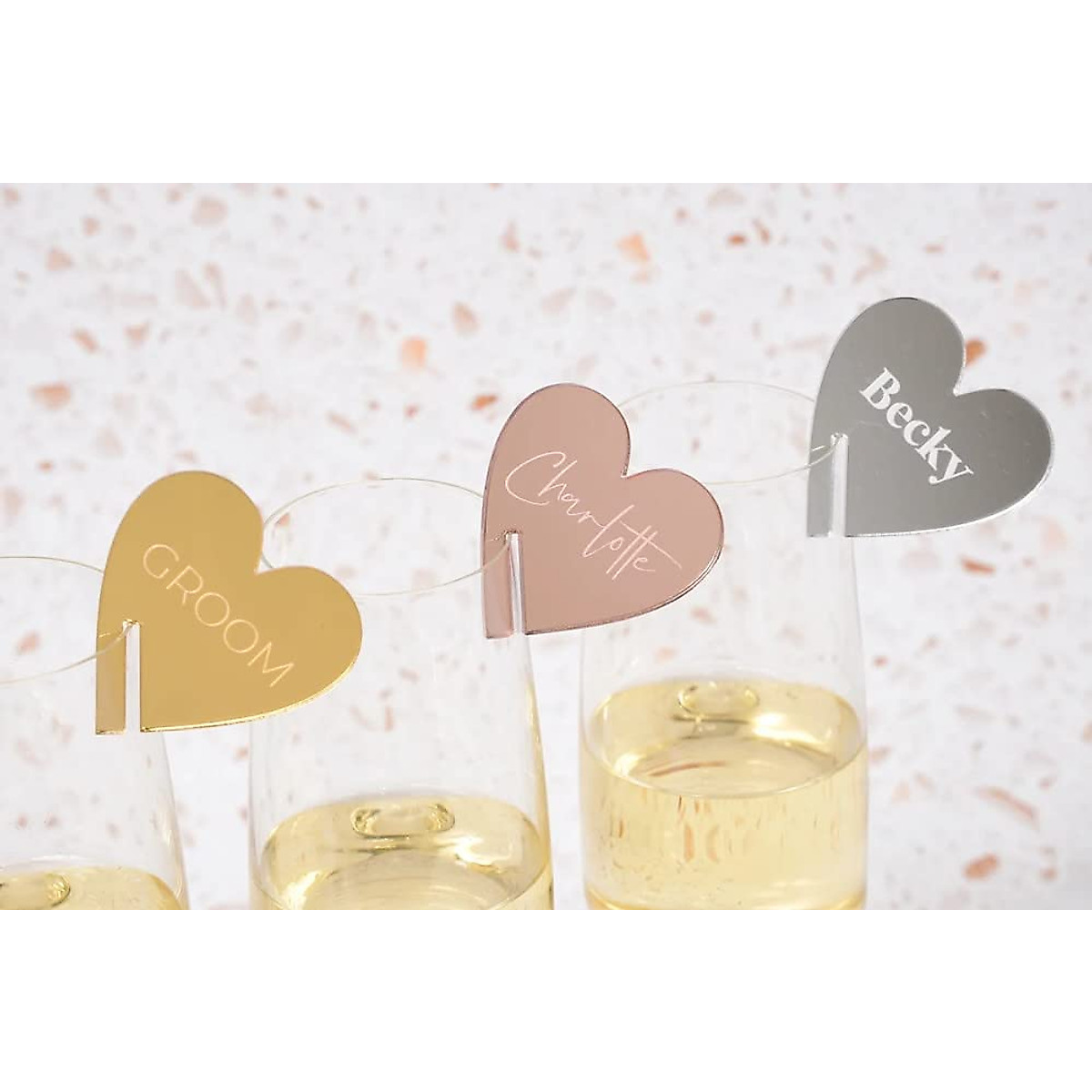 XIAOYUE 20pcs of Blank Wedding Drink Charm,DIY Heart Place Names Wedding Favours,Hearts Acrylic Drink Markers (Rose Gold Mirror)