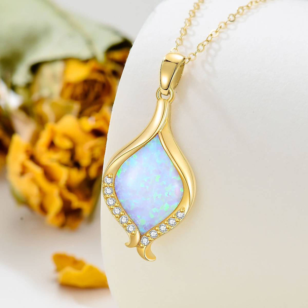 Ayafee 14K Real Gold White Opal with Genuine Diamond Pendant Necklace for Women Opal Jewelry Gift for Birthday Valentine’s Day Chain 16-18" (1/20 ctw, D, VVS1)