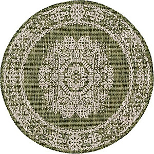 Unique Loom Outdoor Traditional Collection Area Rug - Timeworn (4' 1" Round, Green/ Gray)
