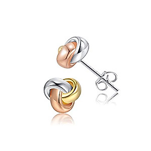 Love Knot Earrings 925 Sterling Silver Love Knot Post Earrings Tri-tone White Yellow and Rose Gold Twisted Love Knot Stud Earrings for Women