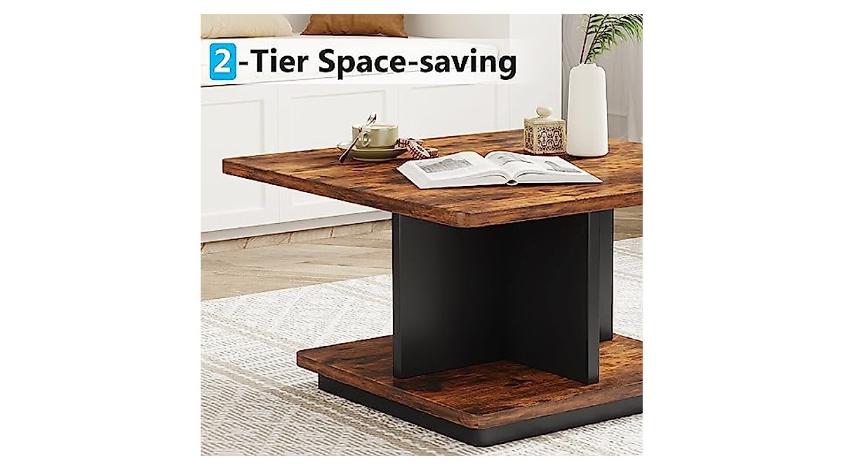 Tribesigns Wood Square Coffee Table - Rustic 2-Tier Storage, Modern Charm