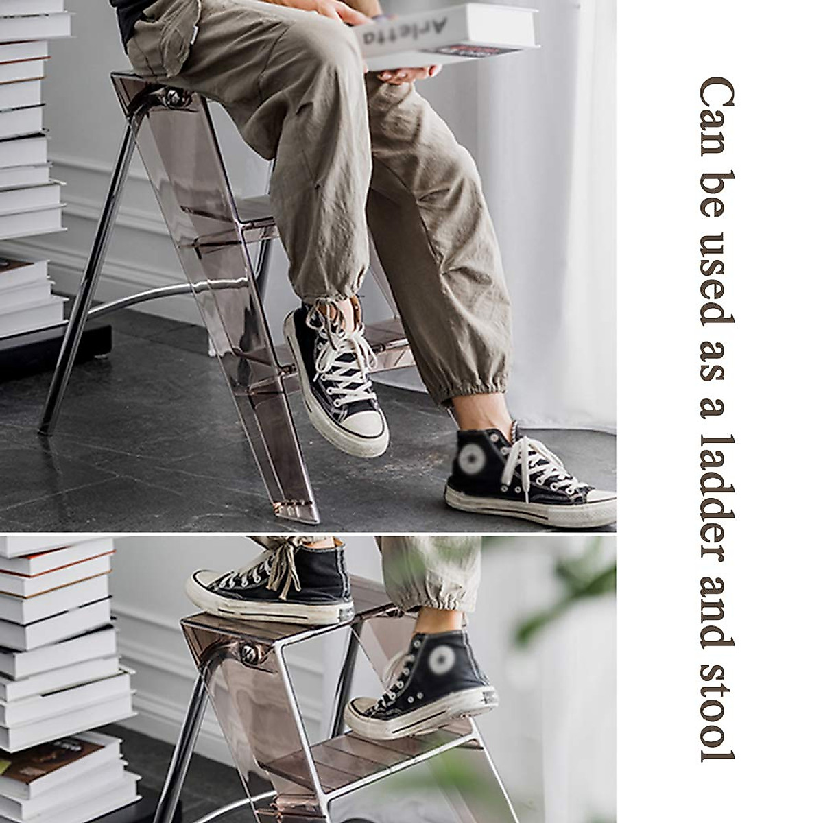 Acrylic 3 Step Ladder Step Stool Transparent L44xW52xH63cm Folding Step Stool 150kg Capacity Ladder for Kitchen Electroplated Silver Iron Frame Household Stool