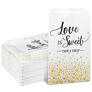 300 Pcs Wedding Favor Candy Buffet Bags 5 x 7 Inch Self Adhesive Wedding Treat Bags Love Is Sweet Take a Treat Individual Cookie Bags with Gold Dots Kraft Paper Gift Wrap Bags for Bridal Shower Party