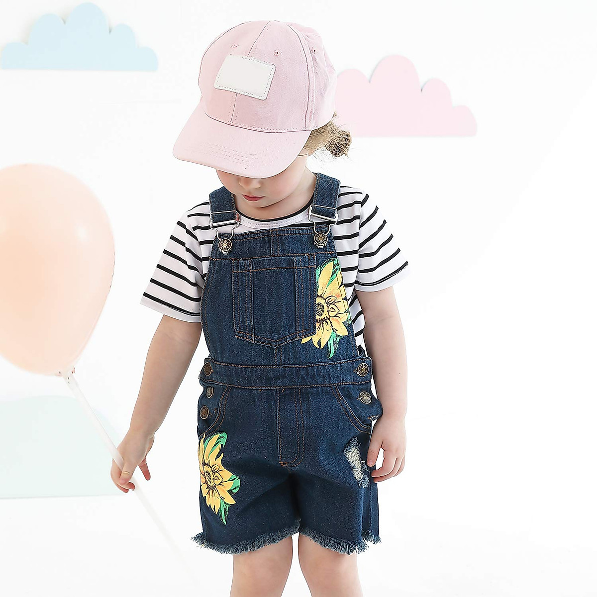 HINTINA Baby & Toddler Girls Big Bibs Overalls Ripped Hole Summer Sunflowers Jumpsuit Boyfriend Jeans Denim Romper Shortalls 2-3T