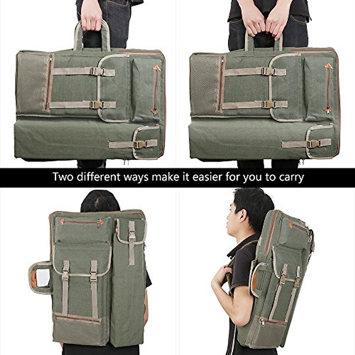 Tanchen 4K Canvas Artist Portfolio Carry Shoulder Bag Multifunctional Drawboard Bags for Drawing Sketching Painting (Army Green)