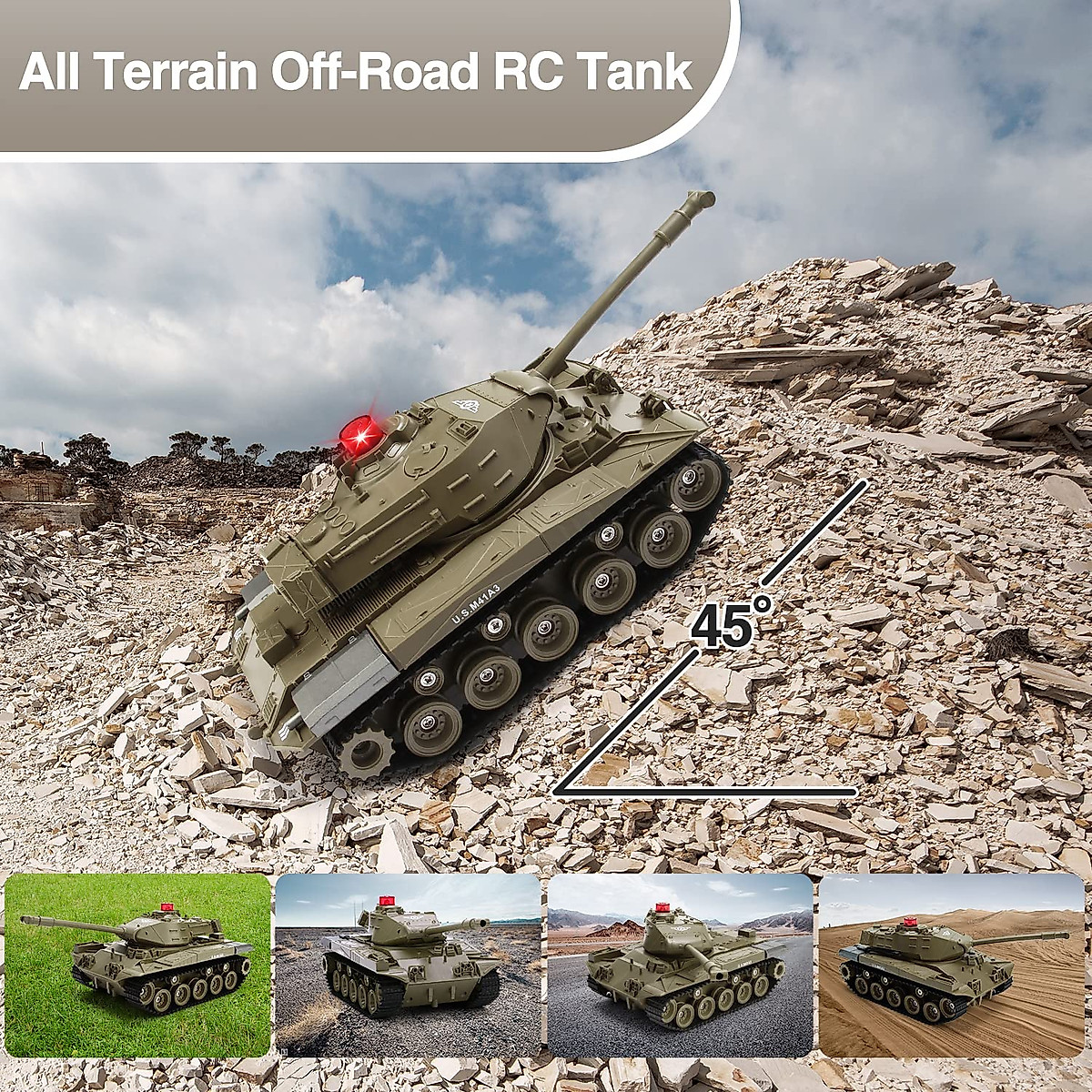 Remote Control Tank for Kids, M41A3 American Army Battle Tank, Programmable RC Tanks with Lights & Realistic Sounds, RC Military All Terrain Off-Road Vehicles, Great Gift Tank Toy for Boys