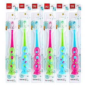 Farber Baby Kids Toothbrushes Set – Childrens Toothbrush 6 Pack with Compact, Extra Soft Bristles for Sensitive Teeth and Easy Grip Suction Cup Handles – Includes 6 Travel Covers (Pink, Blue, Green)