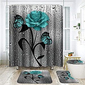 ArtSocket 4 Pcs Shower Curtain Set Green Blue Floral Flowers Abstract Colorful with Non-Slip Rugs Toilet Lid Cover and Bath Mat Bathroom Decor Set 72" x 72"
