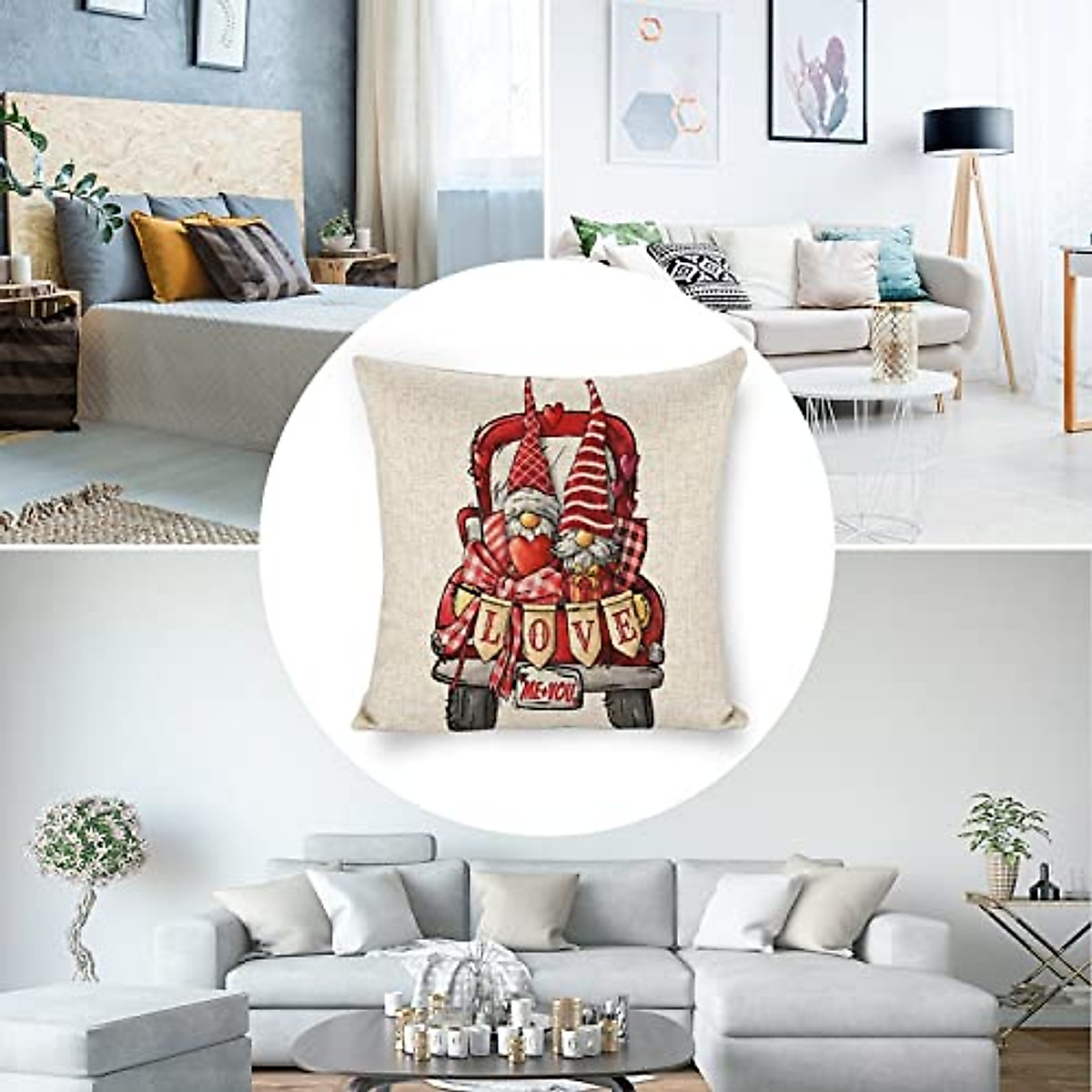 Love Gnomes Truck Throw Pillow Covers 18×18 Pillowcases Set of 2 Valentine's Day Cute Linen Decorative Square Pillow Case Cushion Covers Standard Size for Sofa Couch Outdoor Bed Pillow Protectors