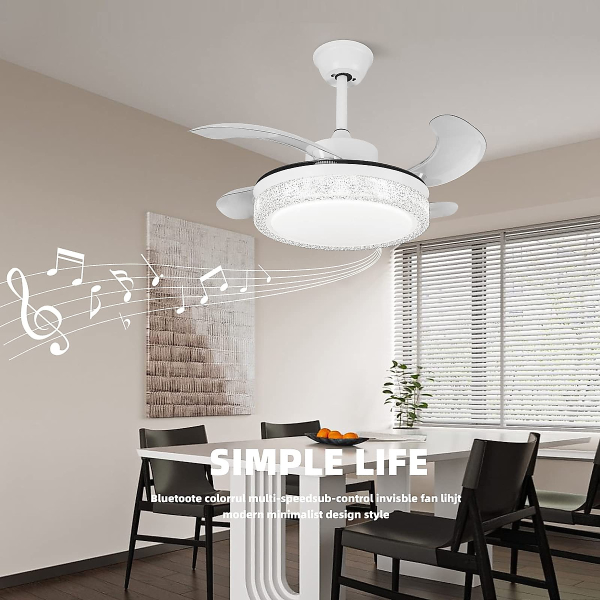 HOREVO Retractable ceiling fans with lights and Bluetooth speaker 42 Inch Fandelier Invisible Blades Chandelier Fan Color Changing Dimmable Hidden Bluetooth Ceiling Fan with lights with remote