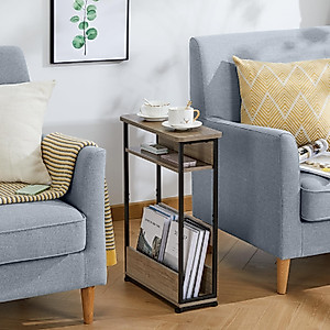 Vintage Narrow Side Table with Storage Shelf, 3 Tier Slim End Table Modern Sofa Table for Narrow and Small Spaces, 24.6 Inch Height Bedside Table Small Nightstand with Magazine Rack (Oak)