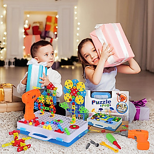 Creativity Tool Box with Drill Screwdriver Toy Set, STEM Building Toys for Kids 3+ Year Old, Creative Building Blocks Pegboard Kits for Boys & Girls 3 4 5 6 7 8 Year Old