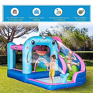 Outsunny 5-in-1 Inflatable Water Slide, Narwhal Theme Bounce House with Climbing Wall, Water Cannon, Water Pool, Trampoline, Repair Patch and 450W Air Blower