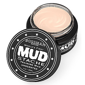 Bossman MUDstache Unscented Mustache Wax – No Pull - Spreads Easy for a Strong Non-Tacky 24 hr Hold - Tame, Train and Style - Moustache Wax for Men (1oz)