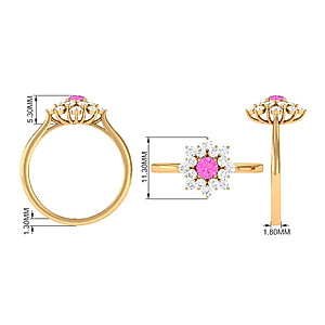 Rosec Jewels Pink Sapphire Engagement Ring with Diamond Halo, Pink Sapphire Cluster Halo Engagement Ring, 14K Yellow Gold, Size:US 5.50