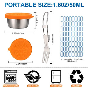 6Pack Salad Dressing Container To Go, 1.6oz Small Condiment Containers with Lids, Reusable Stainless Steel Sauce Cups Containers, Leakproof Silicone Lids for Lunch Bento Box, Picnic and Travel