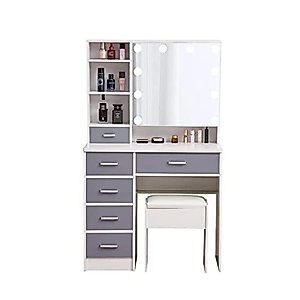 Vanity Set with Sliding Lighted Mirror, Vanity Desk Makeup Vanity Dressing Table with LED Lights, 6 Drawers, Hidden Shelves & Cushioned Stool for Bedroom