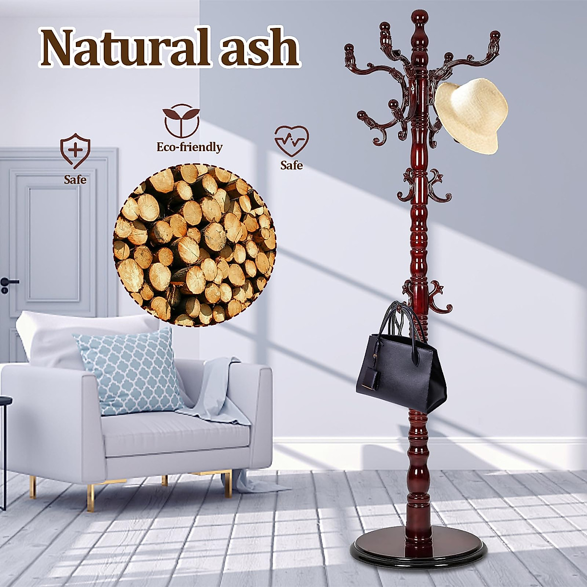 Coat Rack Freestanding, Wooden Coat Rack 14 Hooks, Pure Natural Solid Tree Coat Hanger Stable Disc Base, Adjustable Floor Hanger,for Bedroom Office Hallway Entryway(Mahogany)