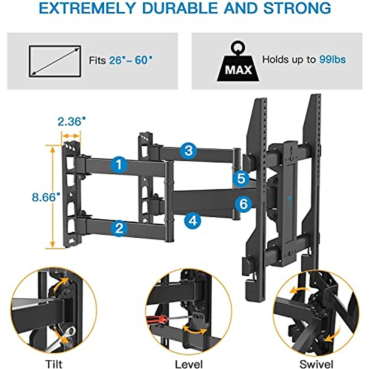 Corner TV Wall Mount Bracket Tilts, Swivels, Extends, Full Motion Articulating TV Mount for 26-60 inch LED, LCD Flat Curved Screen TVs, Holds up to 99 lbs, VESA 400x400, Heavy Duty TV Bracket PSCMF1
