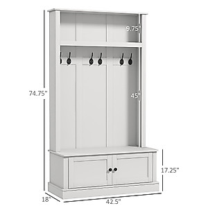 HOMCOM Freestanding Hall Tree, Entryway Bench with Coat Rack, Shoe Cabinet and Top Shelf, Mudroom Bench with Storage and Hooks for Hallway, White