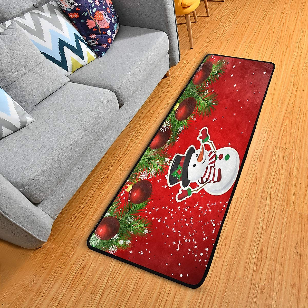 Christmas Runner Rug, Red Christmas Snowman Runner Rug Floor Mat Non-Skid Kitchen Rug Soft Area Rug for Bathroom Entryway Hallway Dining Living Room