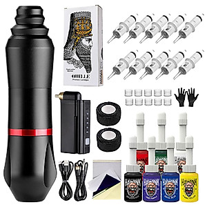 HAWINK Tattoo Kit Rotary Tattoo Machine Pen Kit with Tattoo Power Supply Tattoo Battery 10Pcs Cartridge 7 inks HWP6KITP199-1