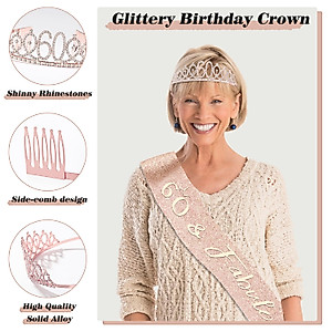 60th Birthday Gifts Decorations for Women - 60 Birthday Cake Topper, Balloons, Queen Sash, Crown and Candle Set, Rose Gold