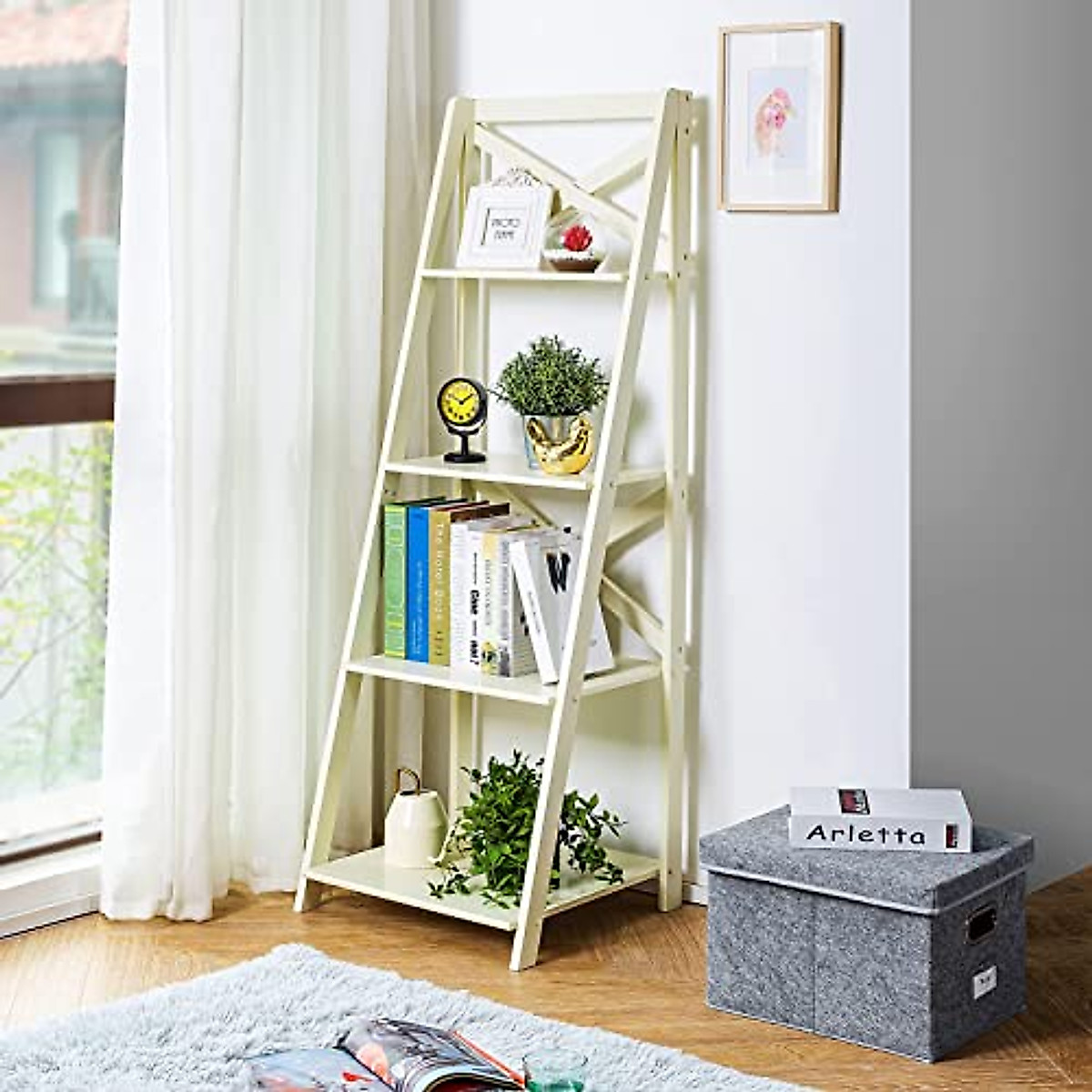 ZENODDLY Ladder Shelf White Ladder Bookshelf, 56.3in Tall Standing Ladder Shelves for Living Room Bathroom Furniture Bedroom Display Shelf, Wooden Leaning Bookshelf Ladder Bookcase Plant Shelf Indoor