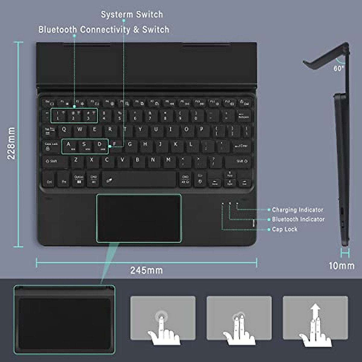 Doohoeek Multi-Device Bluetooth Backlit Keyboard with Trackpad, Keyboard with Mouse Pad & Kickstand for Tablets, Laptops, Phones and Computers