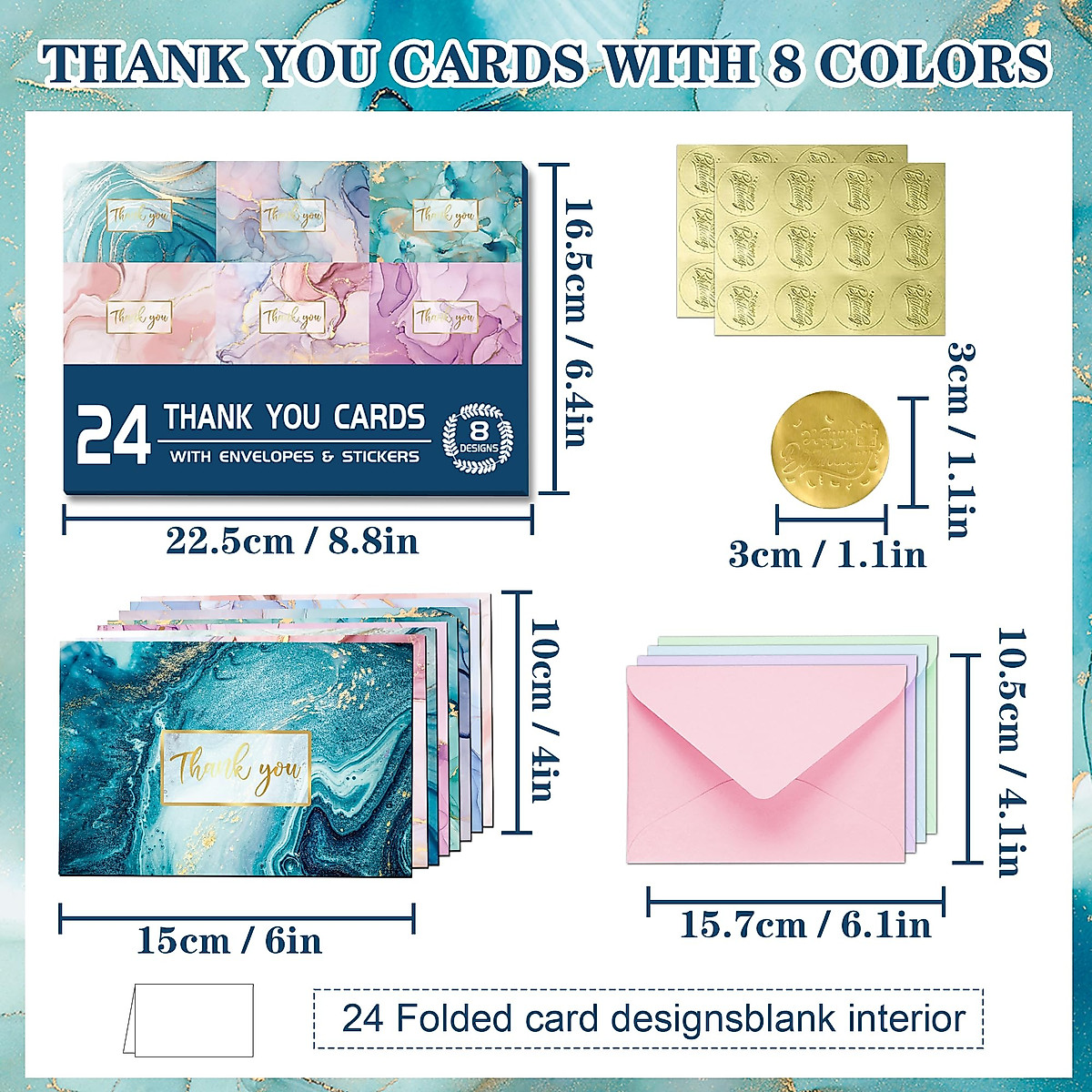 Thank You Cards with Envelopes Thank You Card&Stickers Bulk for Thank You Notes 8 Designs 4x6 Inch Gold Letter Blank Greeting Cards for Wedding Bridal Shower Graduation Kids Baby Shower Small Business