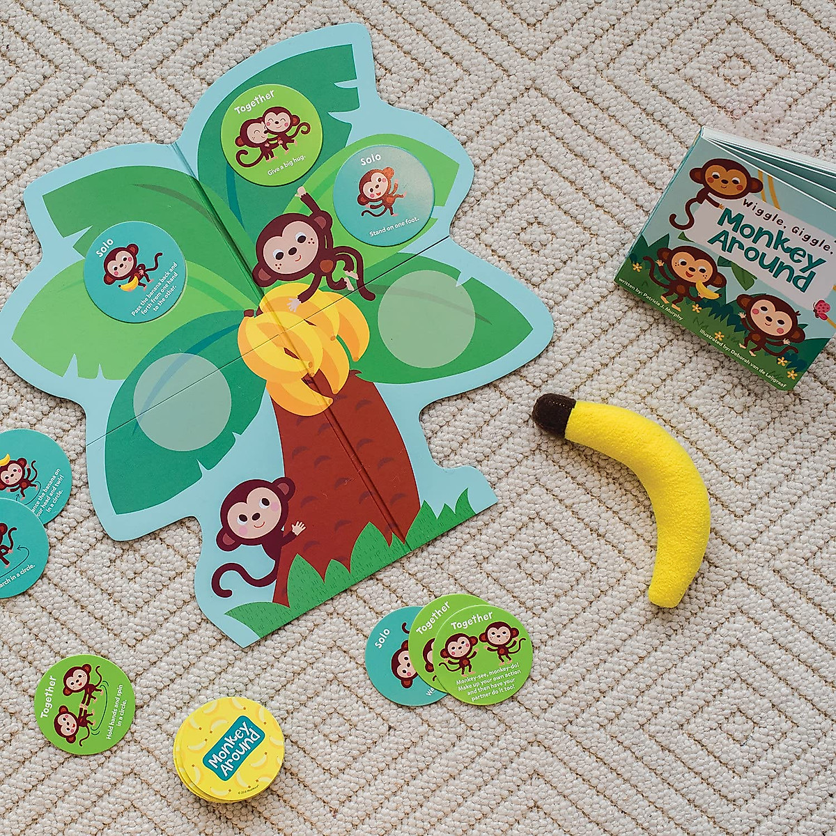 Peaceable Kingdom Monkey Around Toddler Game & Wiggle, Giggle, Monkey Around! Board Book Set – Encourage Movement, Gross Motor Skills and Interactive Play