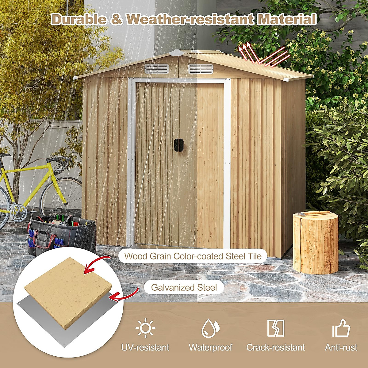 IRONMAX Outdoor Storage Shed, 6x4 FT Galvanized Steel Large Garden Shed w/Lockable Sliding Doors & Air Vent, Wood Grain Style Heavy Duty Waterproof Tool Storage House for Backyard Patio Lawn