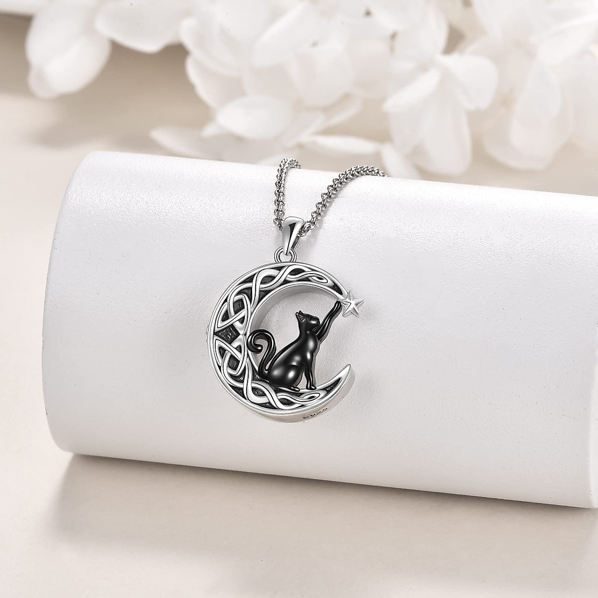 SHEAISRS Celtic Moon Black Cat Urn Necklace for Ashes Moon Cat Cremation Jewelry for Women Sterling Silver Cat Jewelry Moonstone Necklace for Cat Lovers