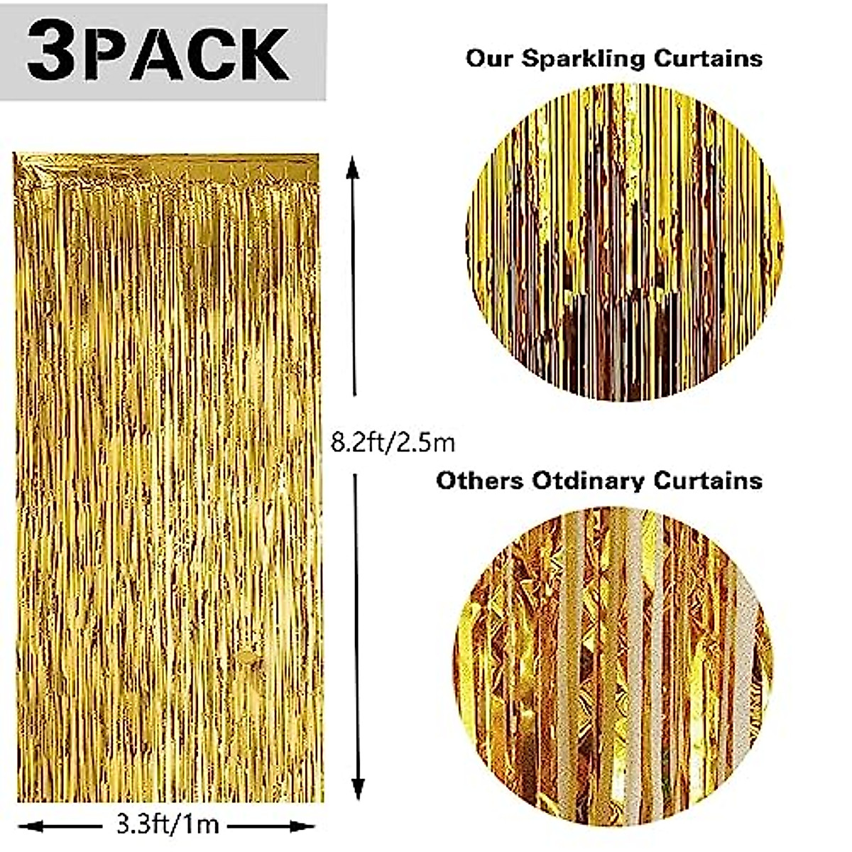 3 Pack Gold Foil Fringe Backdrop Curtains，3.3 ft x 8.2 ft Gold Door Streamers ，Gold foil Fringe Curtain Backdrop,for Photo Background Party Decorations, Graduation Decorations