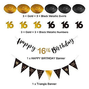 16th Birthday Decoration Kit, Happy 16th Birthday Banner Bunting Swirls Streamers, Triangle Flag Banner for Birthday Party Decorations Supplies Black and Gold 16th